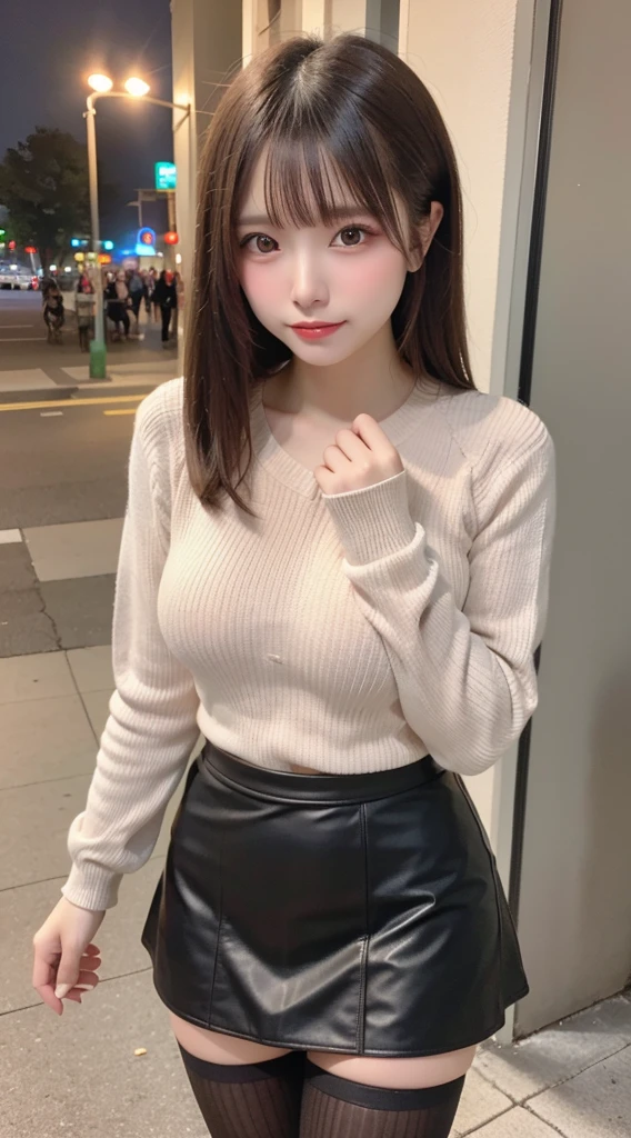 两个漂亮的女孩 非常美丽细致的脸庞 害羞地笑 深谷 她有很大的乳房、罗纹毛衣 皮革迷你裙和黑色紧身裤、亲爱的观众们 Seaart Ai