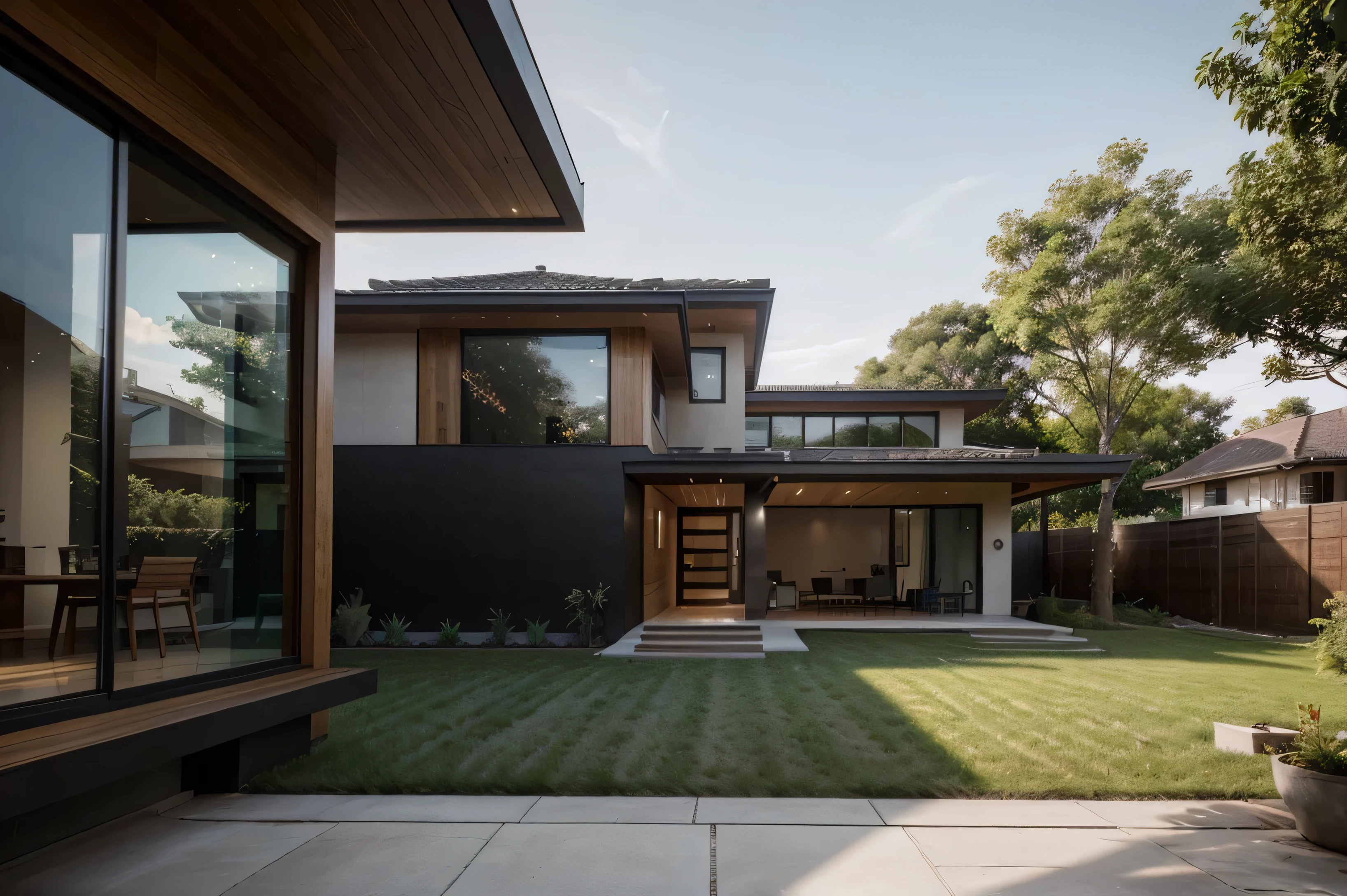 A view of a house with a large lawn and a patio - SeaArt AI