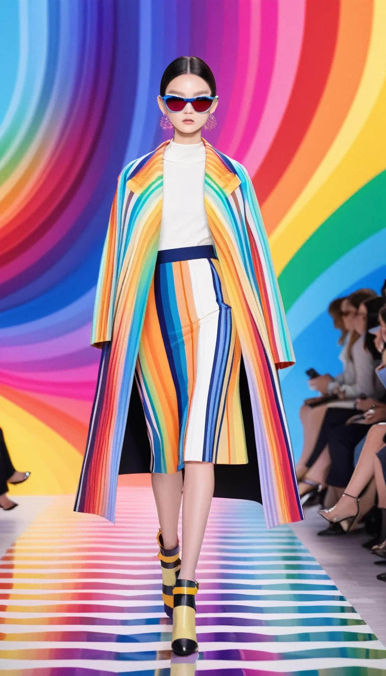Beautiful fashion model walking down the catwalk, Colorful gradient ...