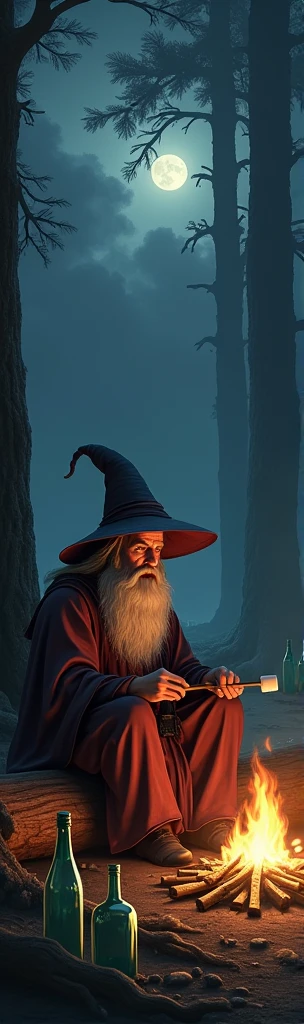 A medieval wizard in front of a campfire roasting marshmallows while on ...