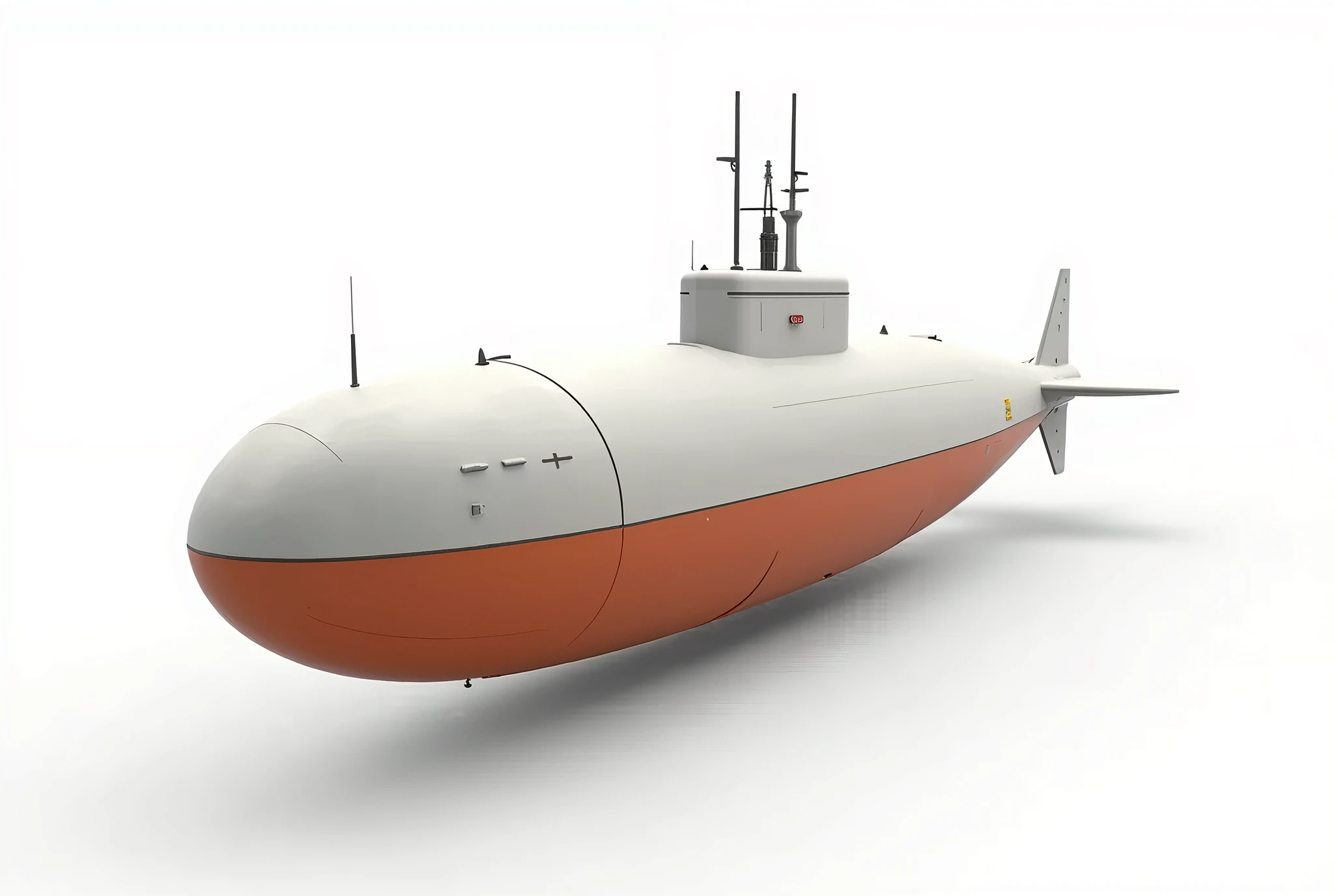 A close up of a submarine on a white surface with a red stripe - SeaArt AI