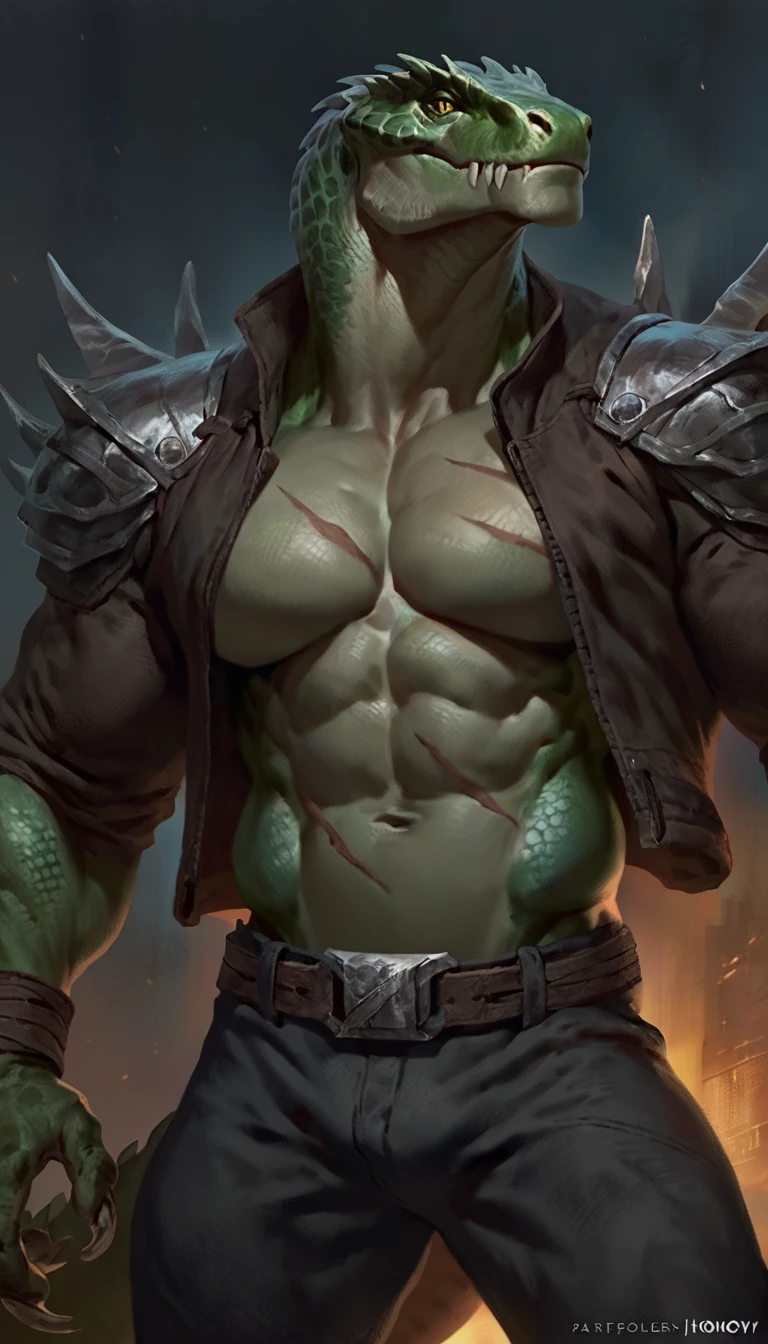 Muscular monster lizardfolk, solo, pants, mercenary, dark green body - SeaArt AI