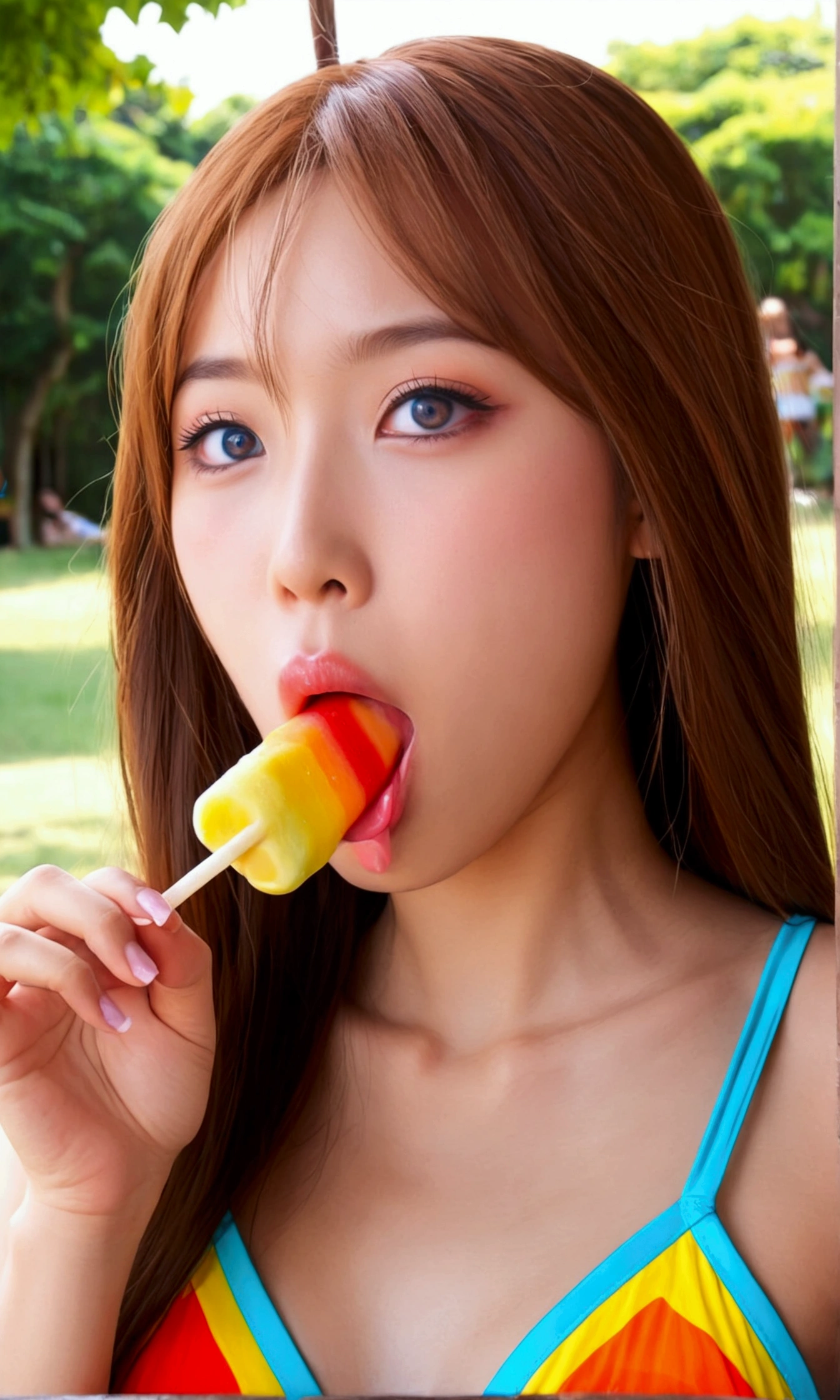 Cute yuna (age 25, colorful bikini, mayching brightly colored contact lenses - SeaArt AI