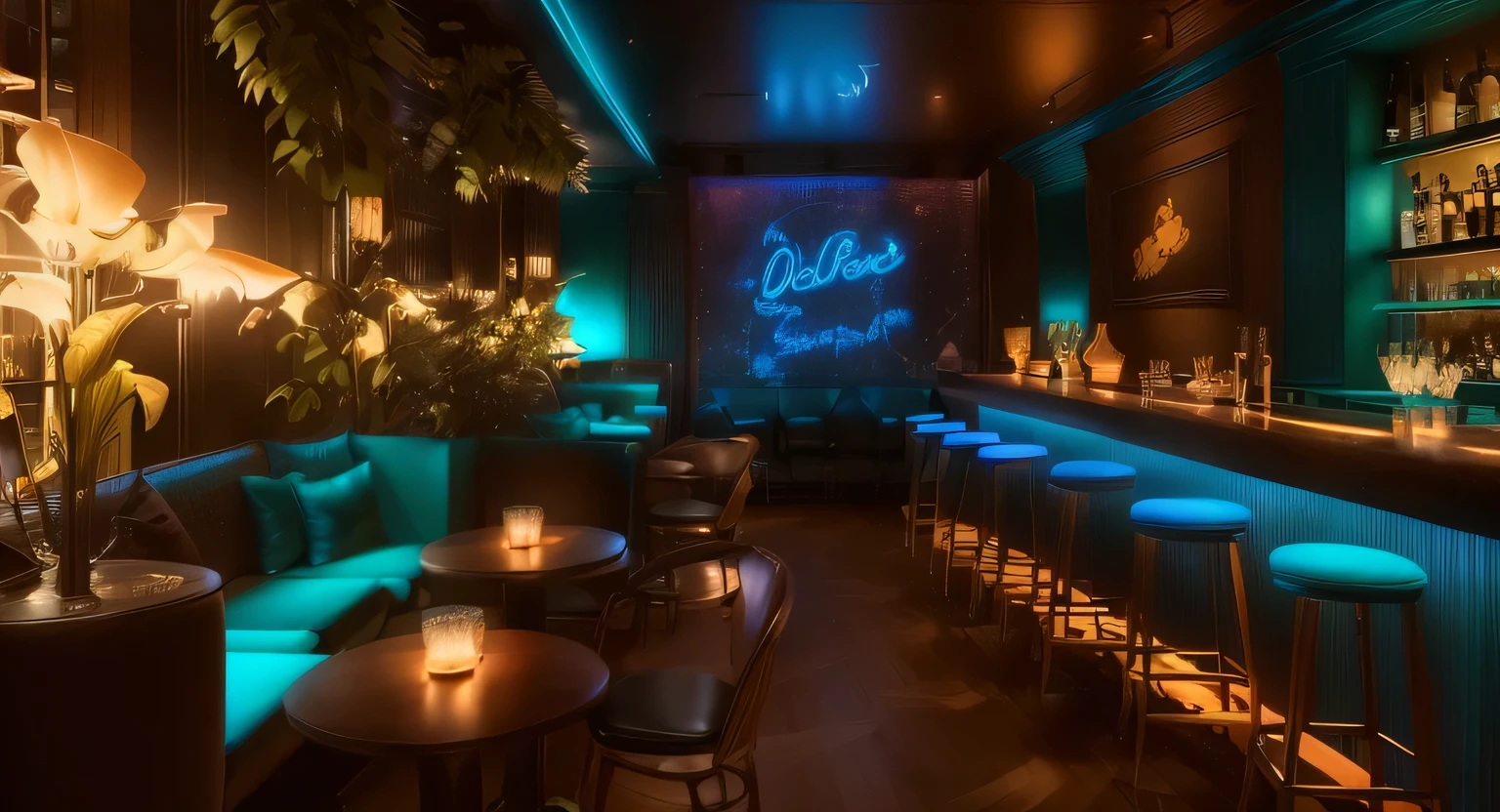 A dimly lit bar with a lot of stools and tables - SeaArt AI