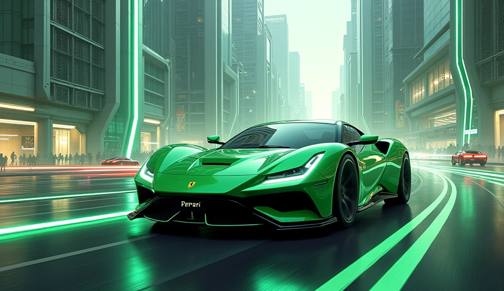A futuristic 2025 Ferrari SF 90 with front green color car line seen ...