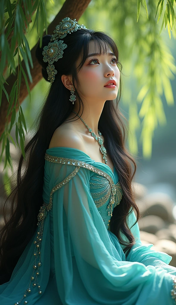 Under the willow tree，A Chinese Peacock Princess，Long hair shawl with ...