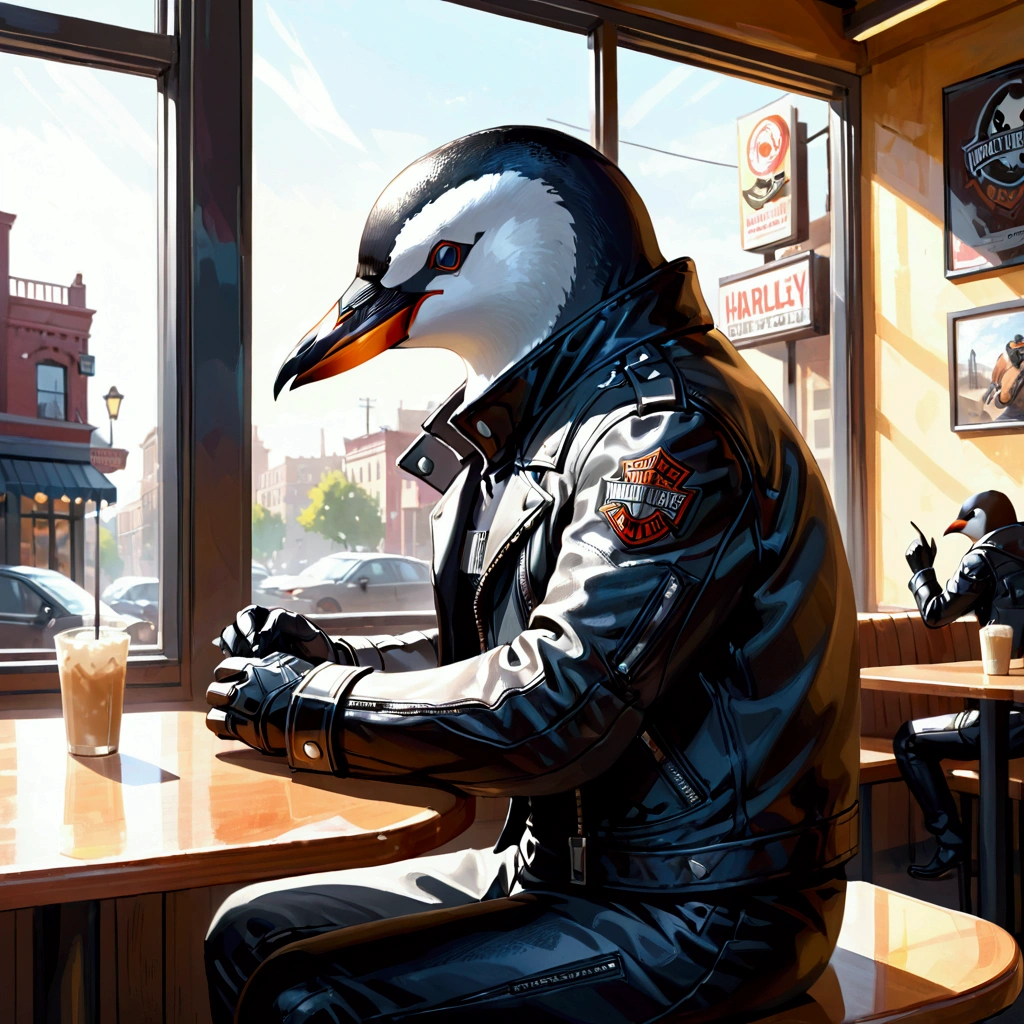 Closeup, an extremely badass anthropomorphic penguin wearing an ...