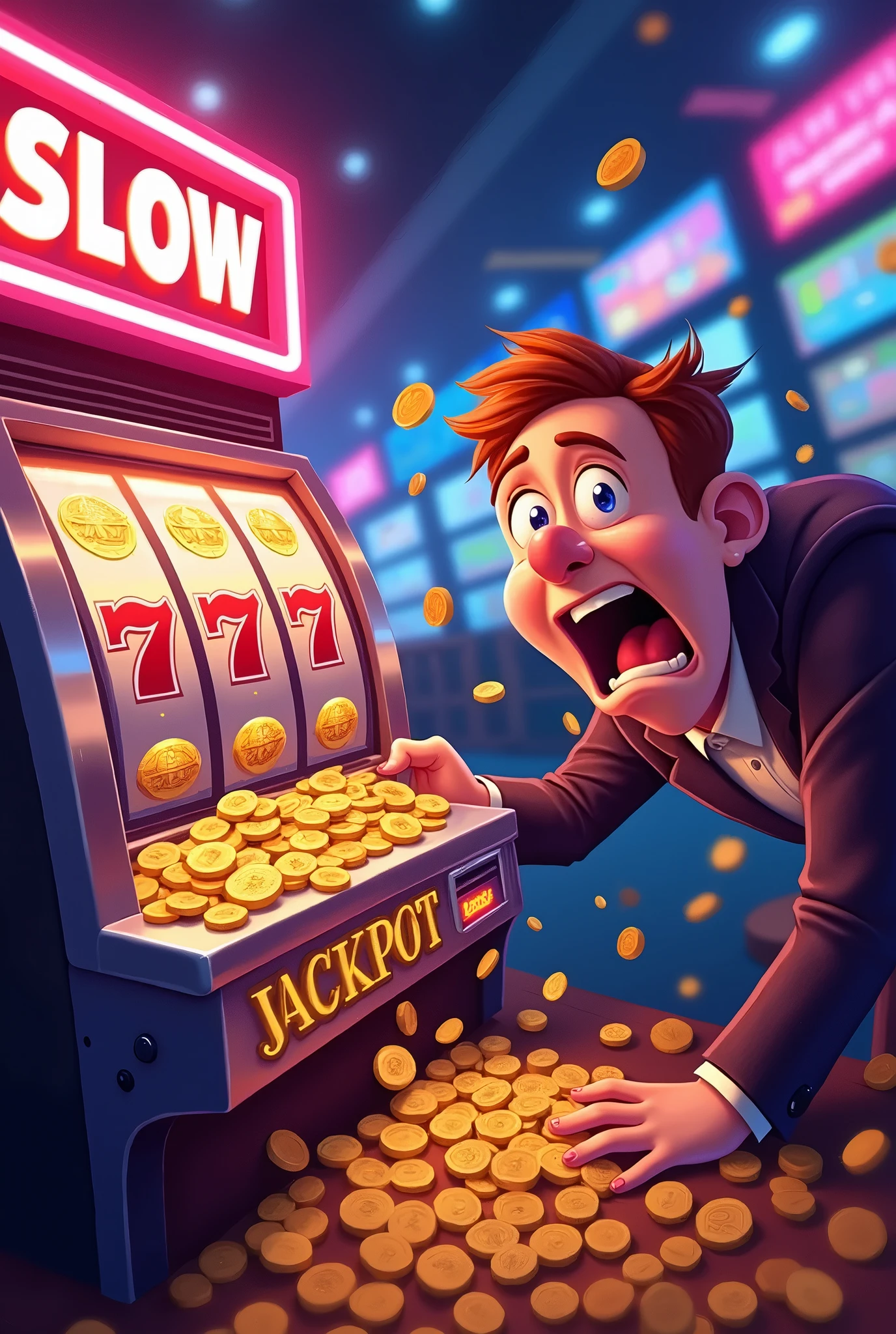 Cartoon man in suit playing a slot machine with lots of gold - SeaArt AI