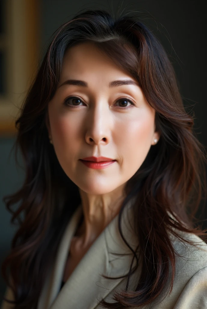 A Japanese mature woman, fair-skinned and with long, lustrous brunette ...