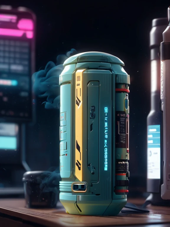 There is a small device, cylindrical L shape with cyan smoke - SeaArt AI