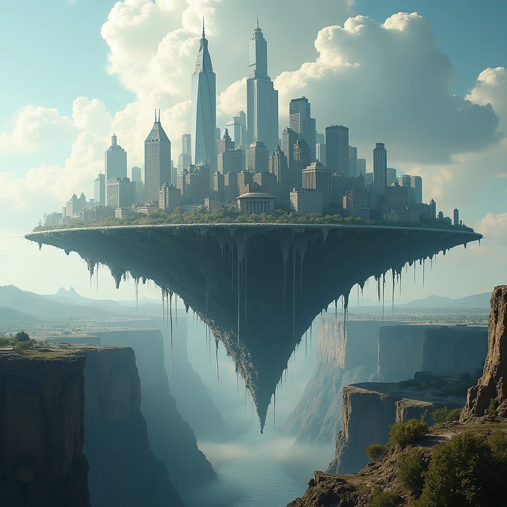 A hyperrealistic city floating above the ground with large pieces of ...