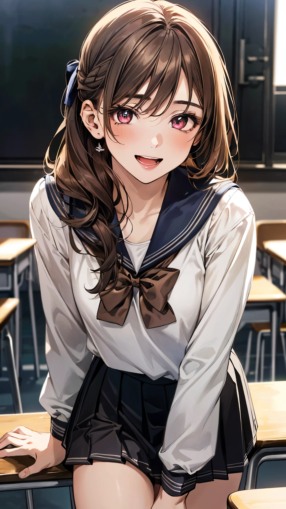 Anime girl in a school uniform sitting on a desk in a classroom - SeaArt AI