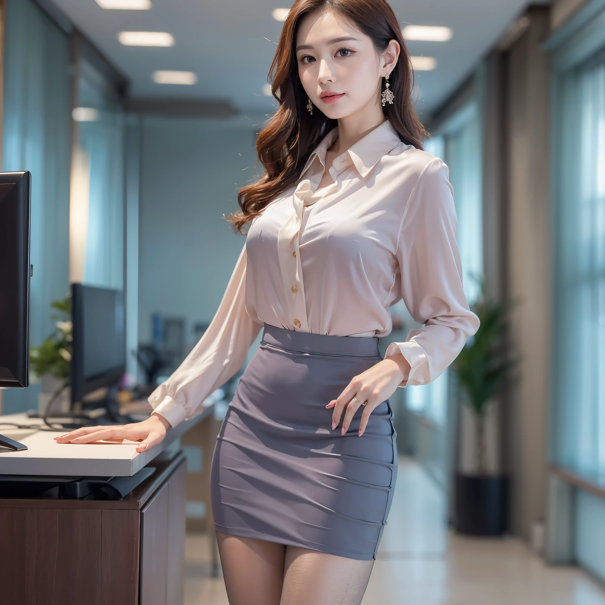 A woman in a skirt and shirt standing in front of a computer - SeaArt AI