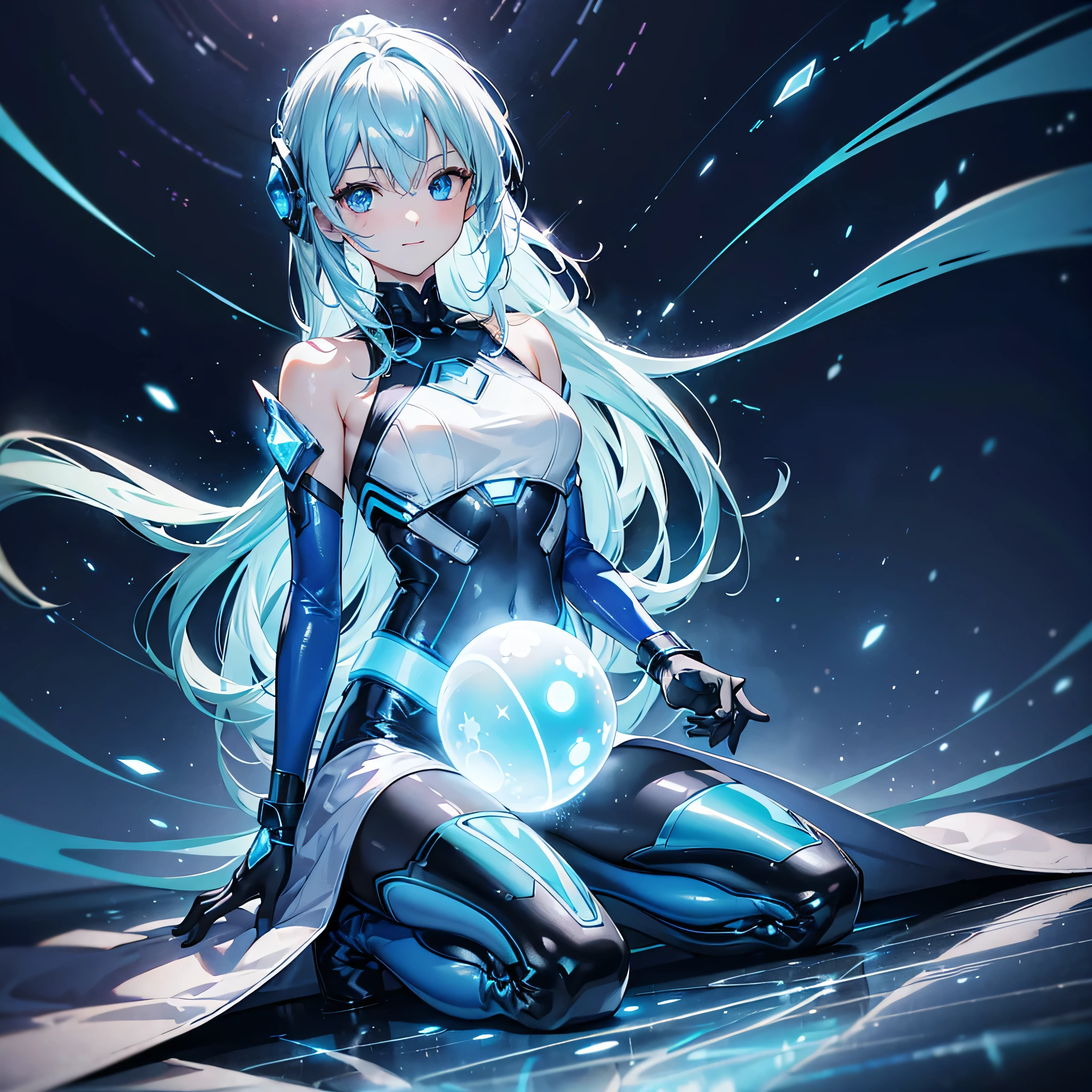 A woman in a futuristic outfit sitting on the ground with a crystal ball - SeaArt AI