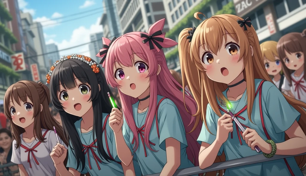 A crowd of fangirls with various hairstyles including ribbon - SeaArt AI