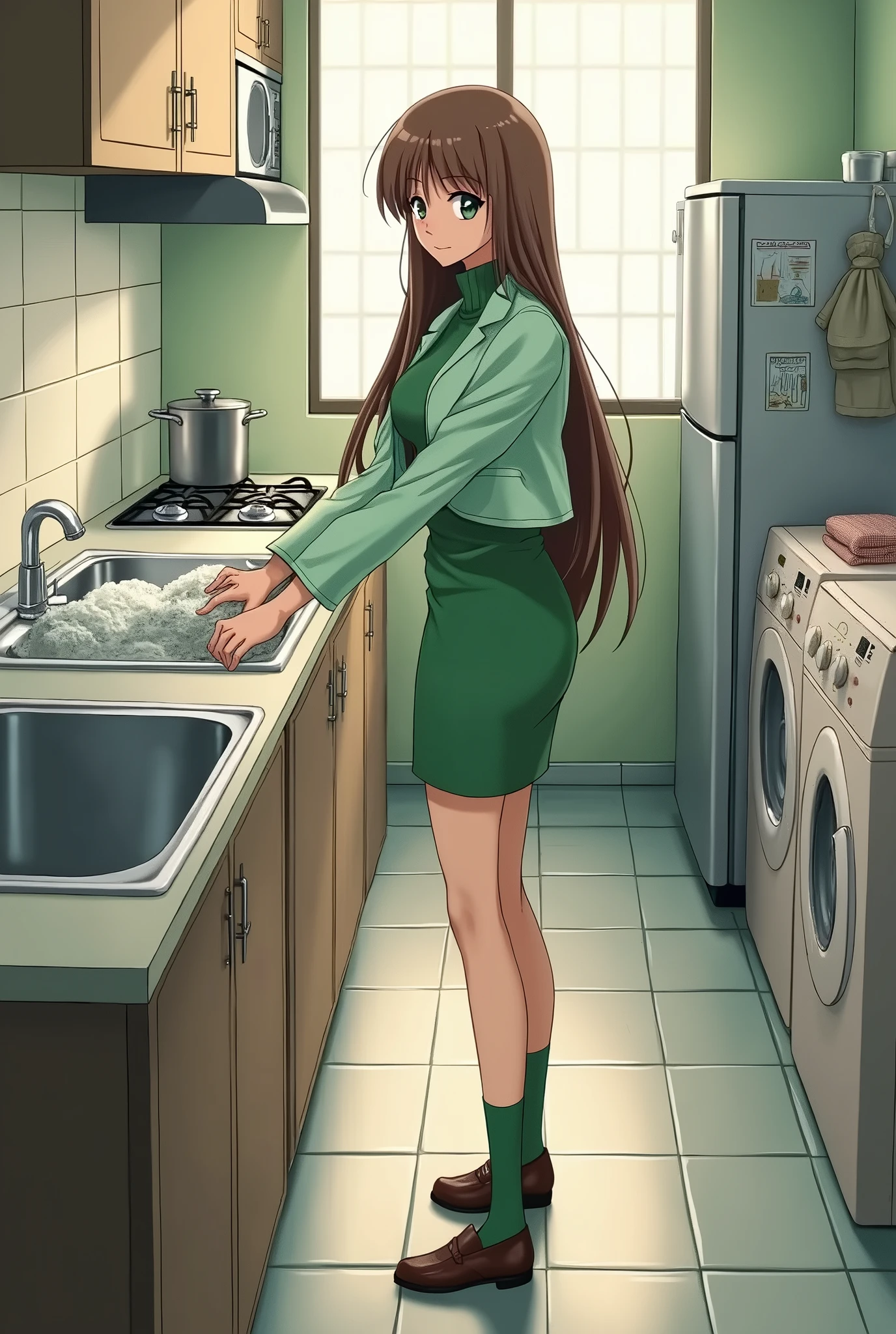 Anime girl washing dishes in a kitchen with a washing machine - SeaArt AI