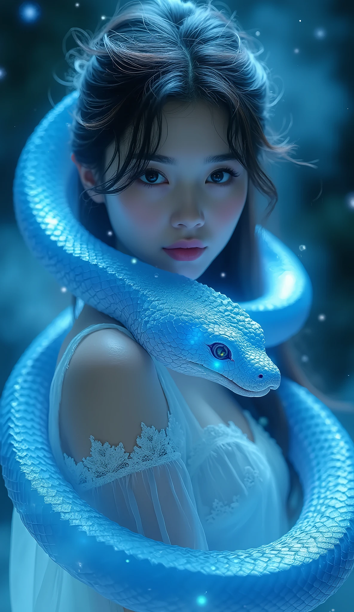 Arafed woman with a blue snake wrapped around her neck - SeaArt AI