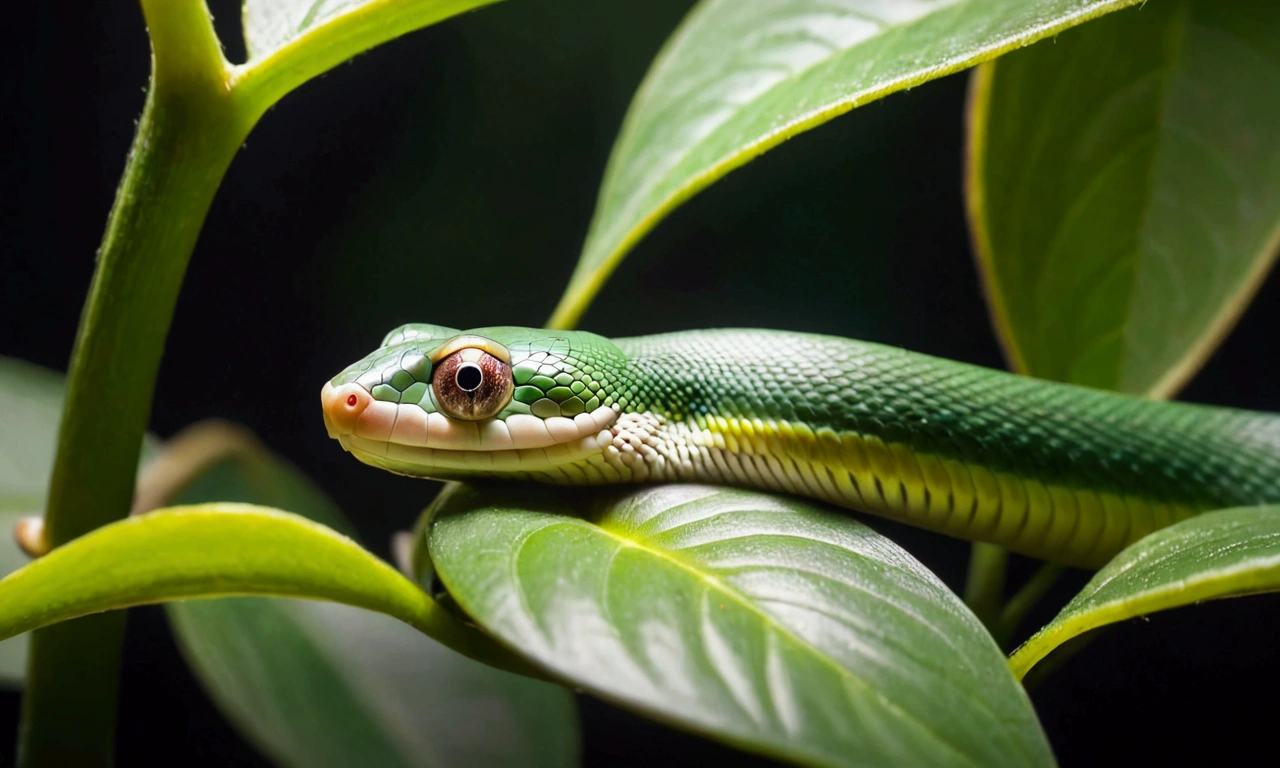 A tiny green snake coiled around a plant stem, leaning in to strike a ...