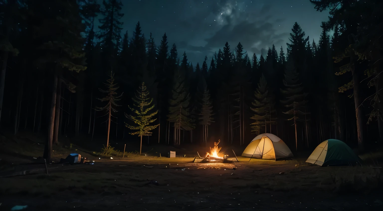 Araffe camping in the woods at night with a campfire - SeaArt AI