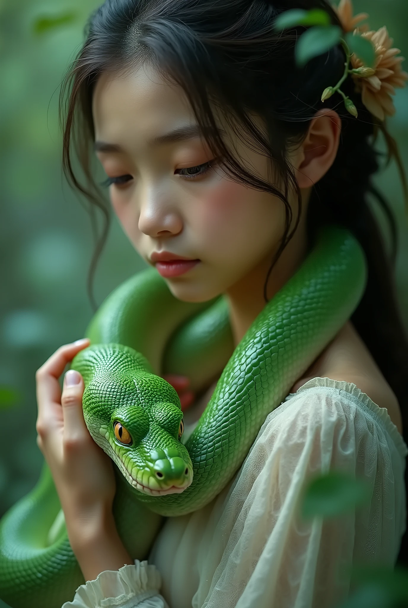 Arafed girl holding a green snake in her hands - SeaArt AI