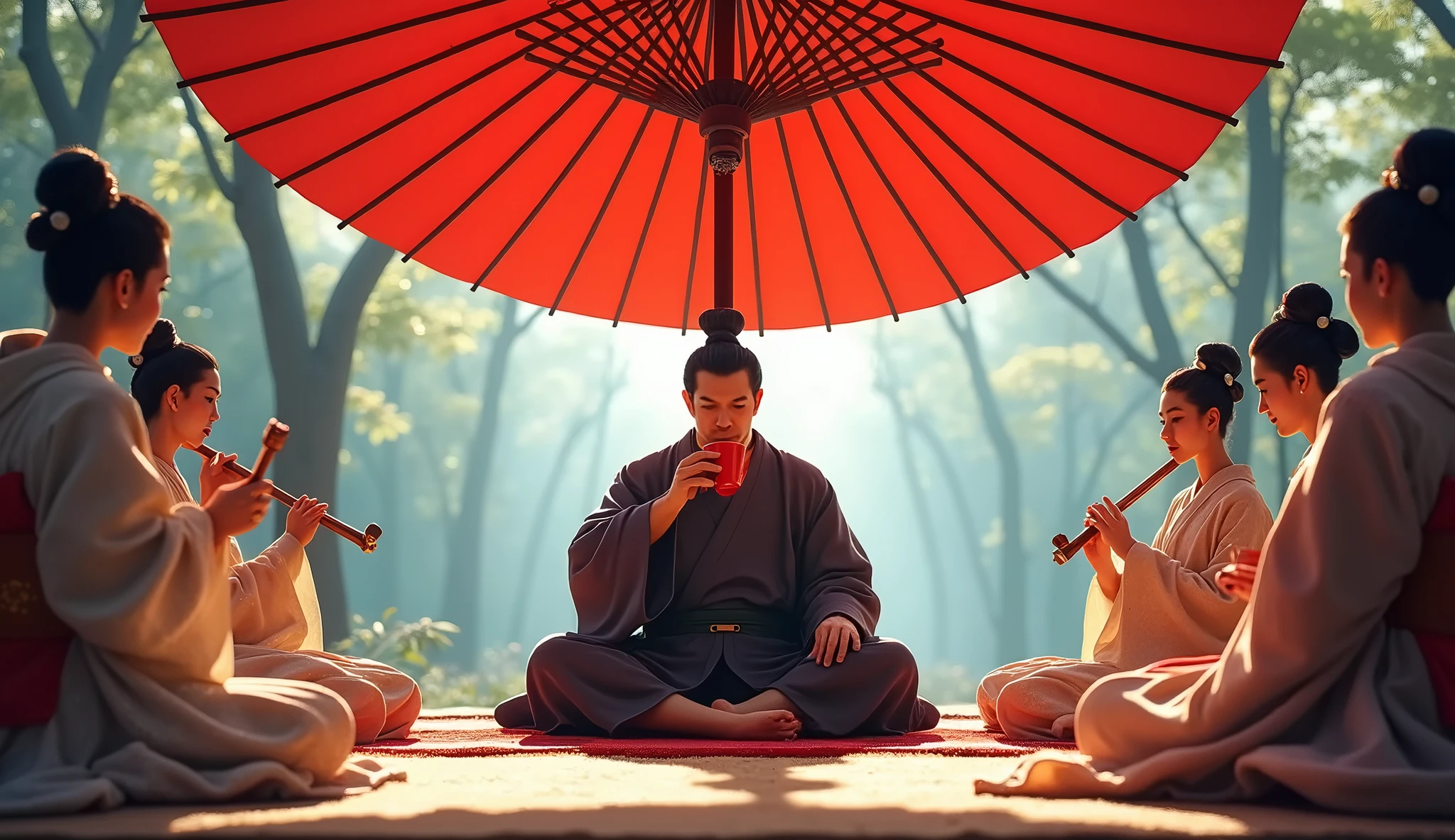 There are many people sitting on the ground under a red umbrella ...