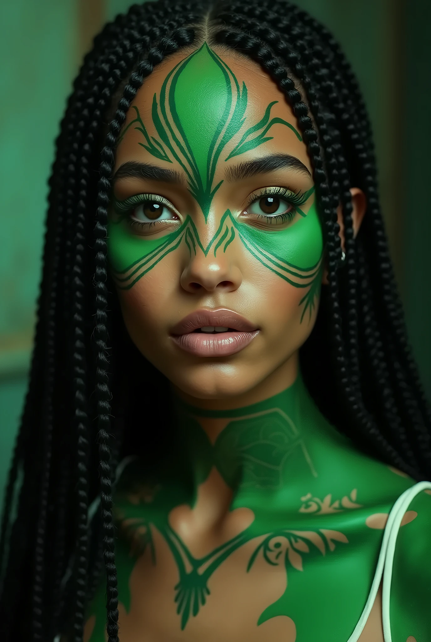 A close up of a woman with green paint on her face - SeaArt AI