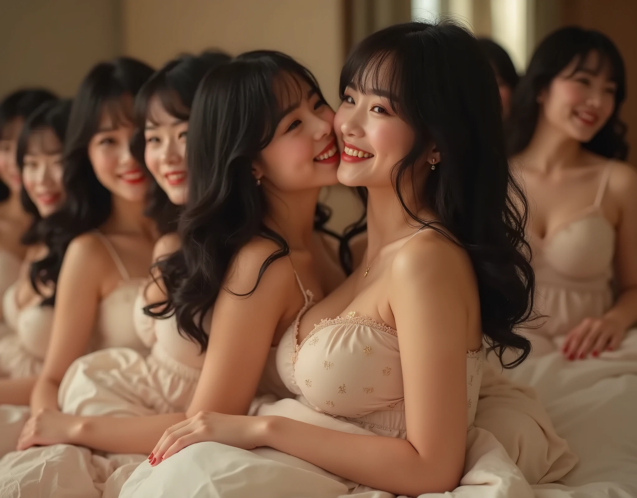 Several women in lingersuits are sitting on a bed - SeaArt AI