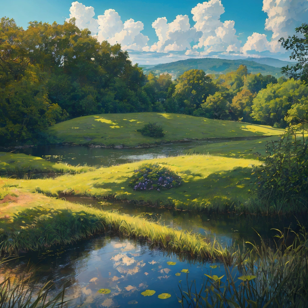 A lush green grassfield, largest highland, calm lake, shiny sunny day ...