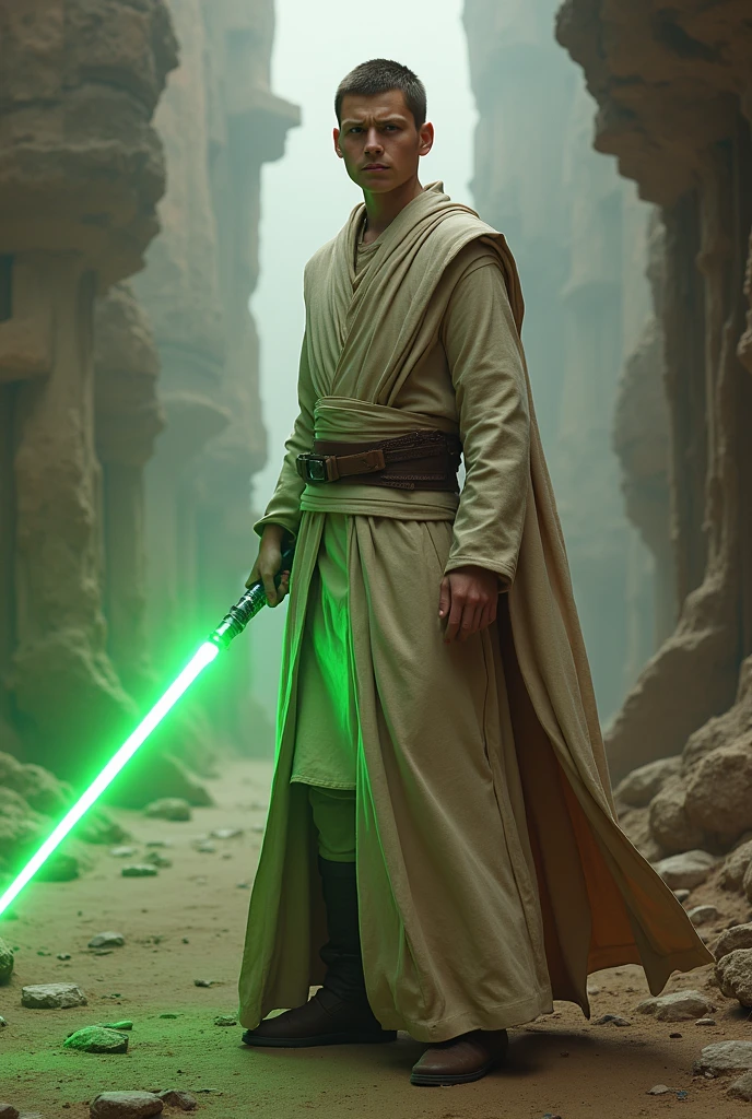 Young non-bearded jedi man with green lightsaber - SeaArt AI