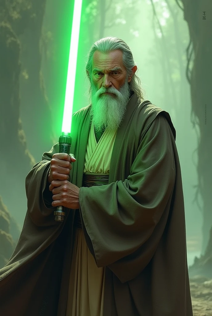 Old jedi man with green lightsaber (realiste) - SeaArt AI