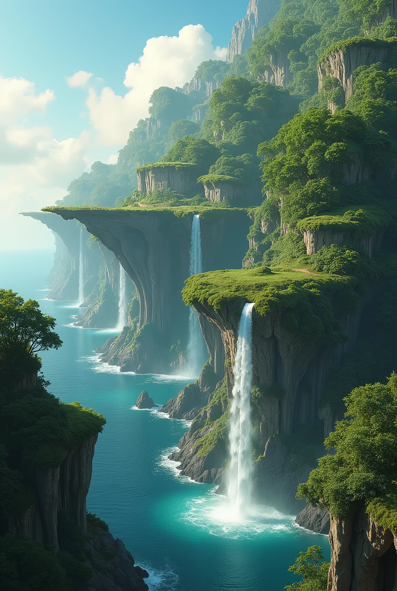 There is a waterfall that is flowing down a cliff into the ocean ...
