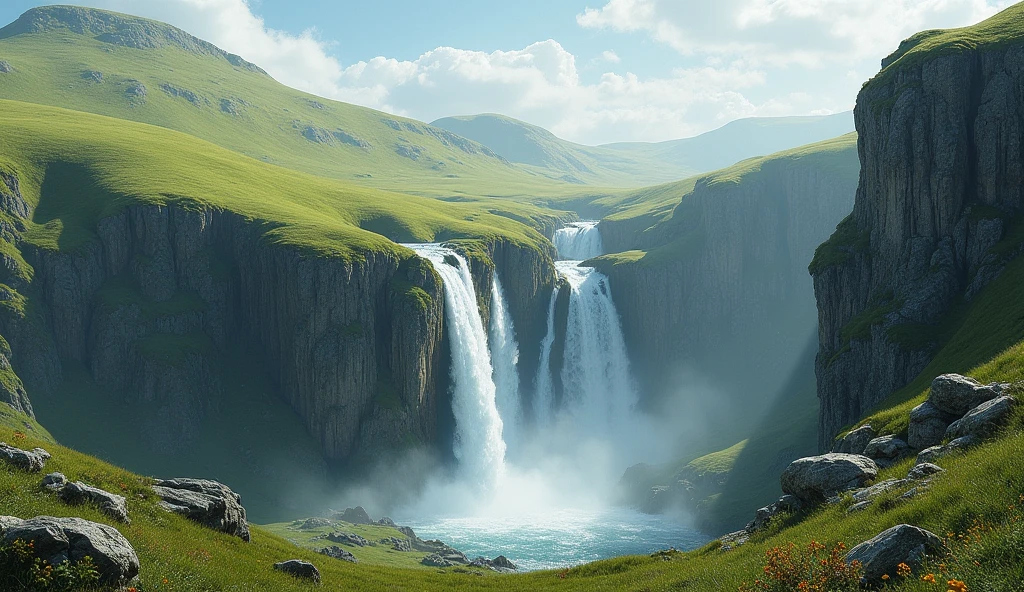A realistic shot depicting a large plain hill with a water fall in the ...