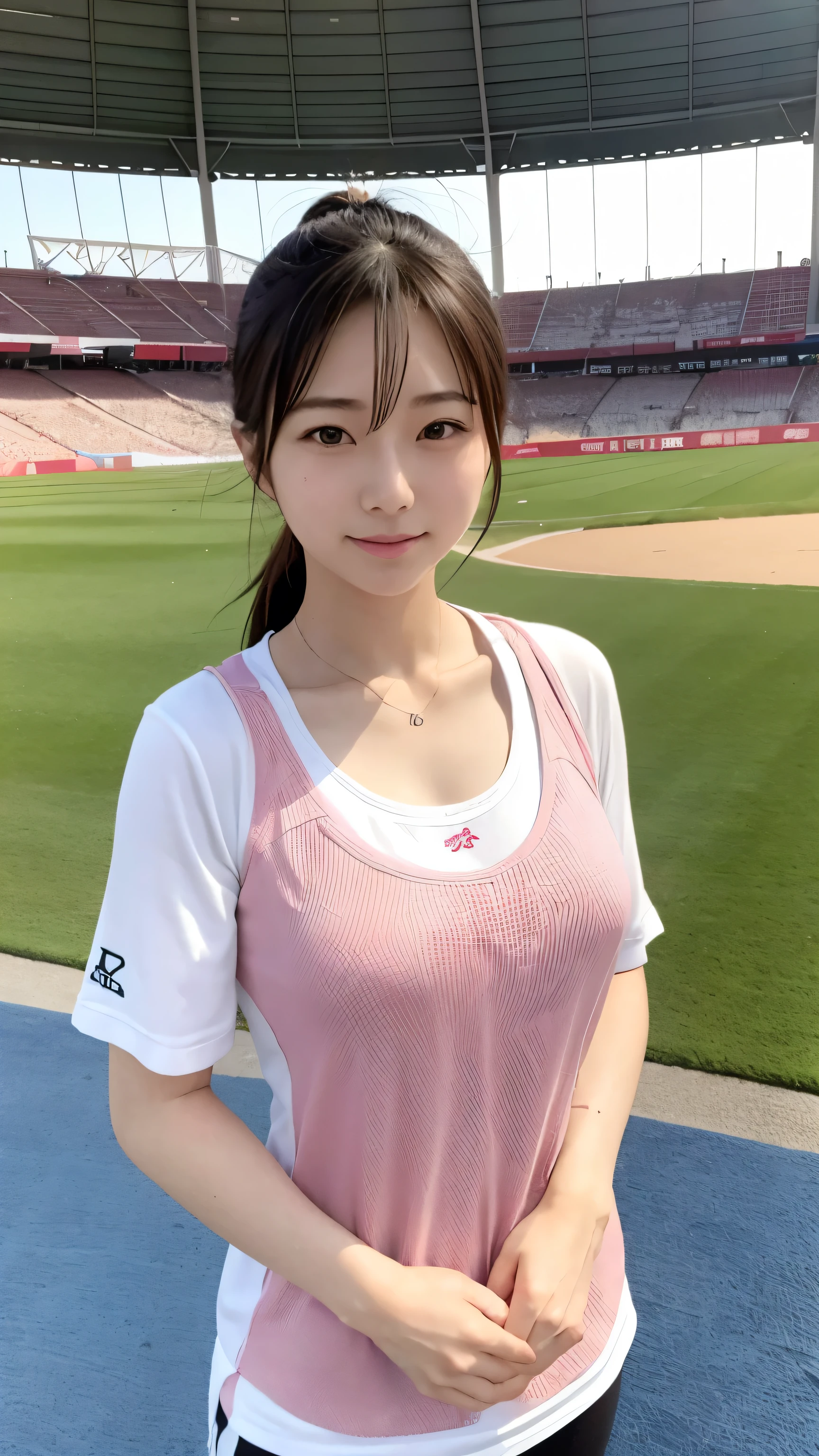 A woman standing in a baseball field with a pink shirt - SeaArt AI