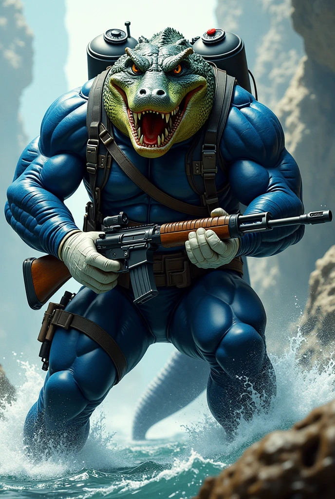 (A rugged beefy very muscular crocodile man), (wearing blue wetsuit ...