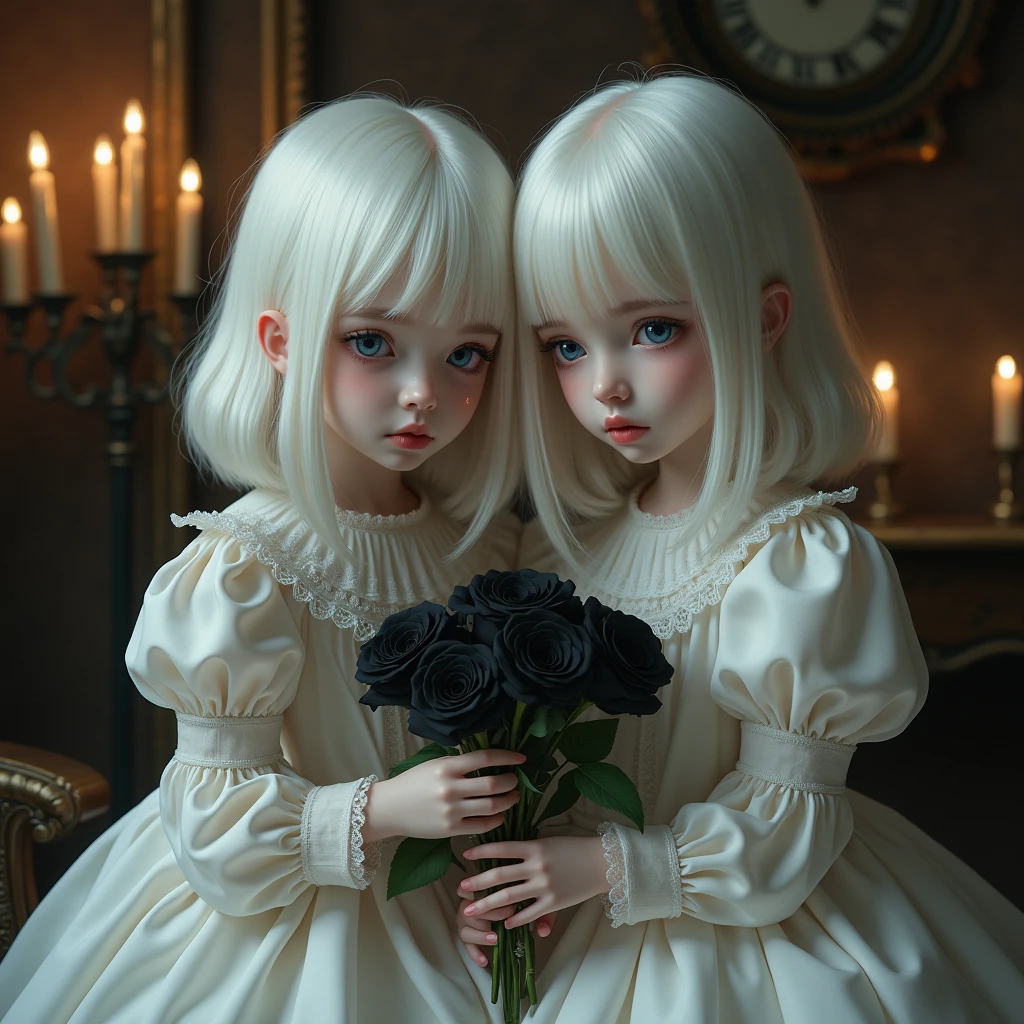 (2 cute twins albino european little girls), , blue eyes, skin white as ...