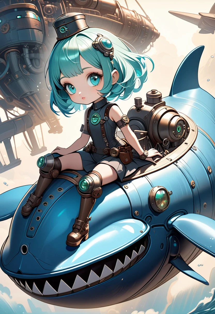 A girl riding a giant flying mechanical whale in a dieselpunk world ...