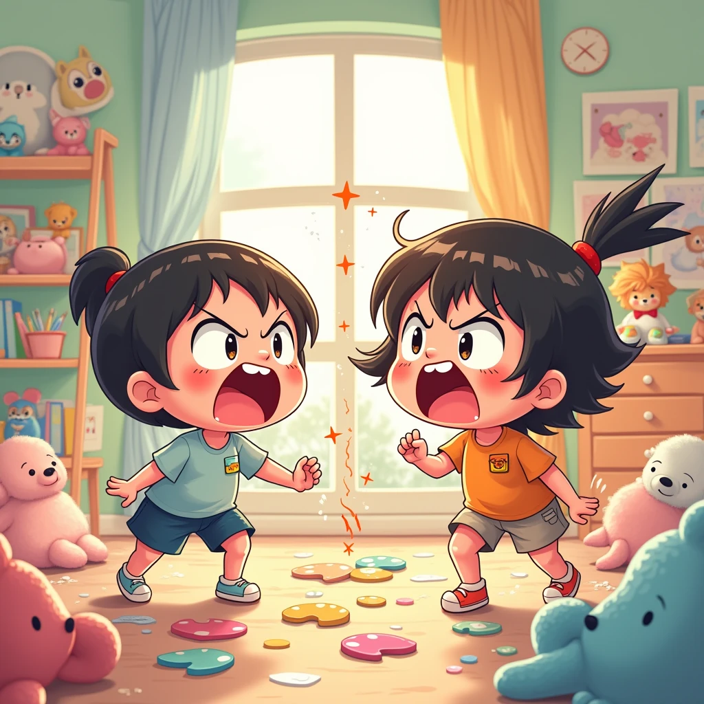 Kawaii kids fighting, angry looks on their faces, angry emotion effects ...