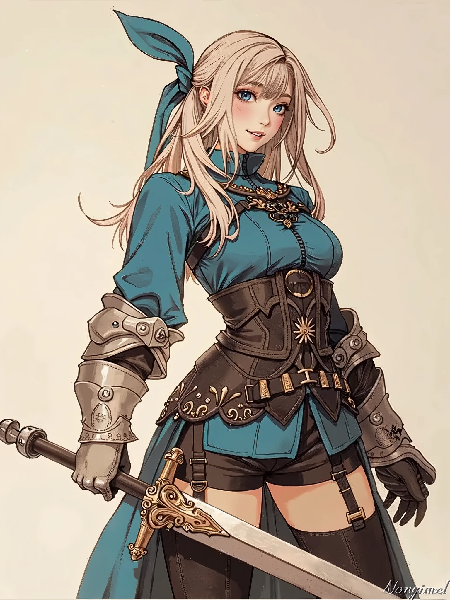 Anime - style illustration of a woman with a sword and a blue dress ...