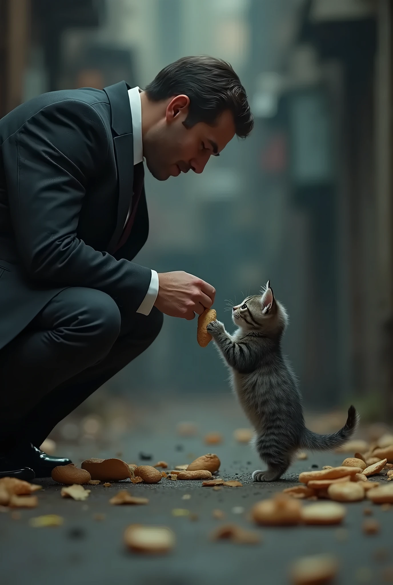 There is a man in a suit feeding a cat on the street - SeaArt AI