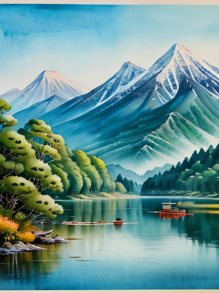 Painting of a mountain scene with boats on a lake and a mountain in the ...