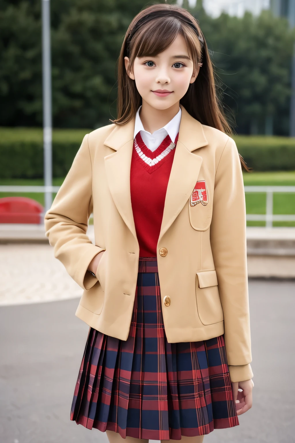A close up of a young woman in a school uniform posing for a picture ...