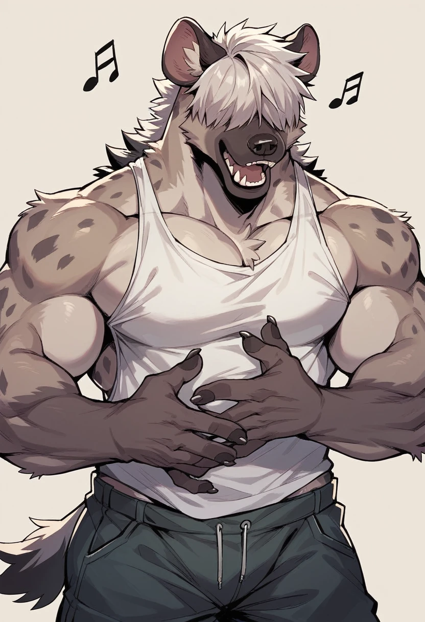 Hyena, anthropomorphic hyena, fur color brown, bangs covering the eyes ...