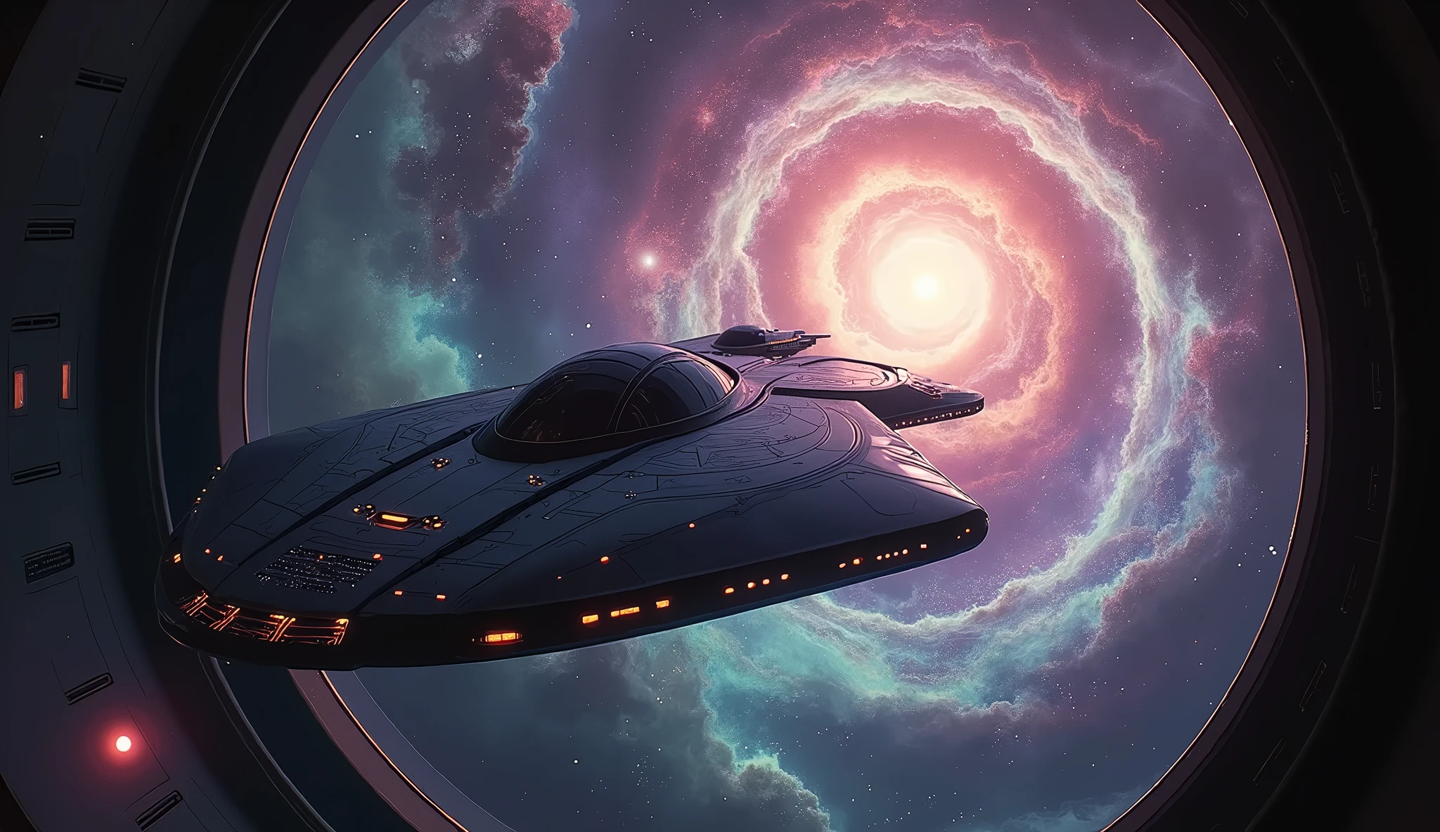 Spaceship flying through a space filled with stars and a spiral - SeaArt AI