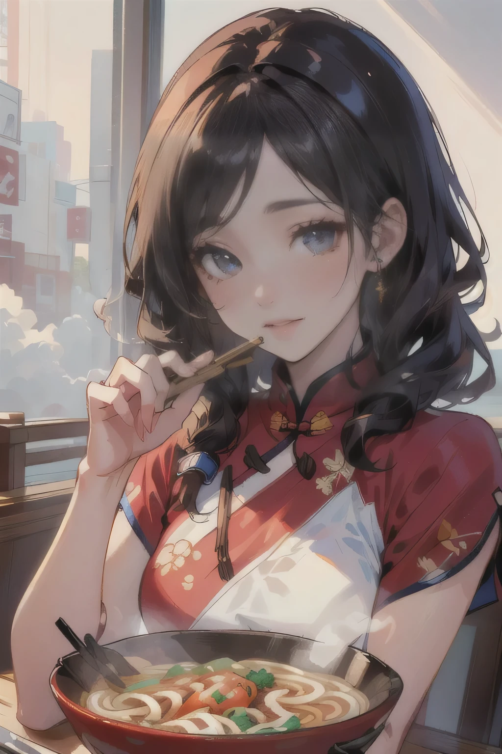Anime girl eating a bowl of noodles with chopsticks in her hand - SeaArt AI