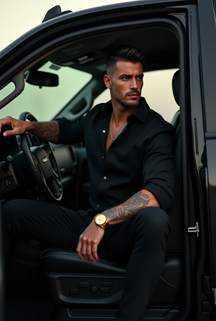A young and handsome hitman in a black GMC Sierra pickup truck - SeaArt AI