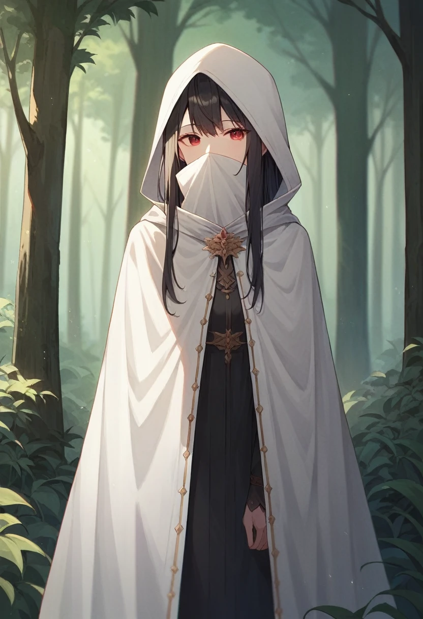 , 1girl, solo, black hair, red eyes, long cape sleeves, sleeves covered ...