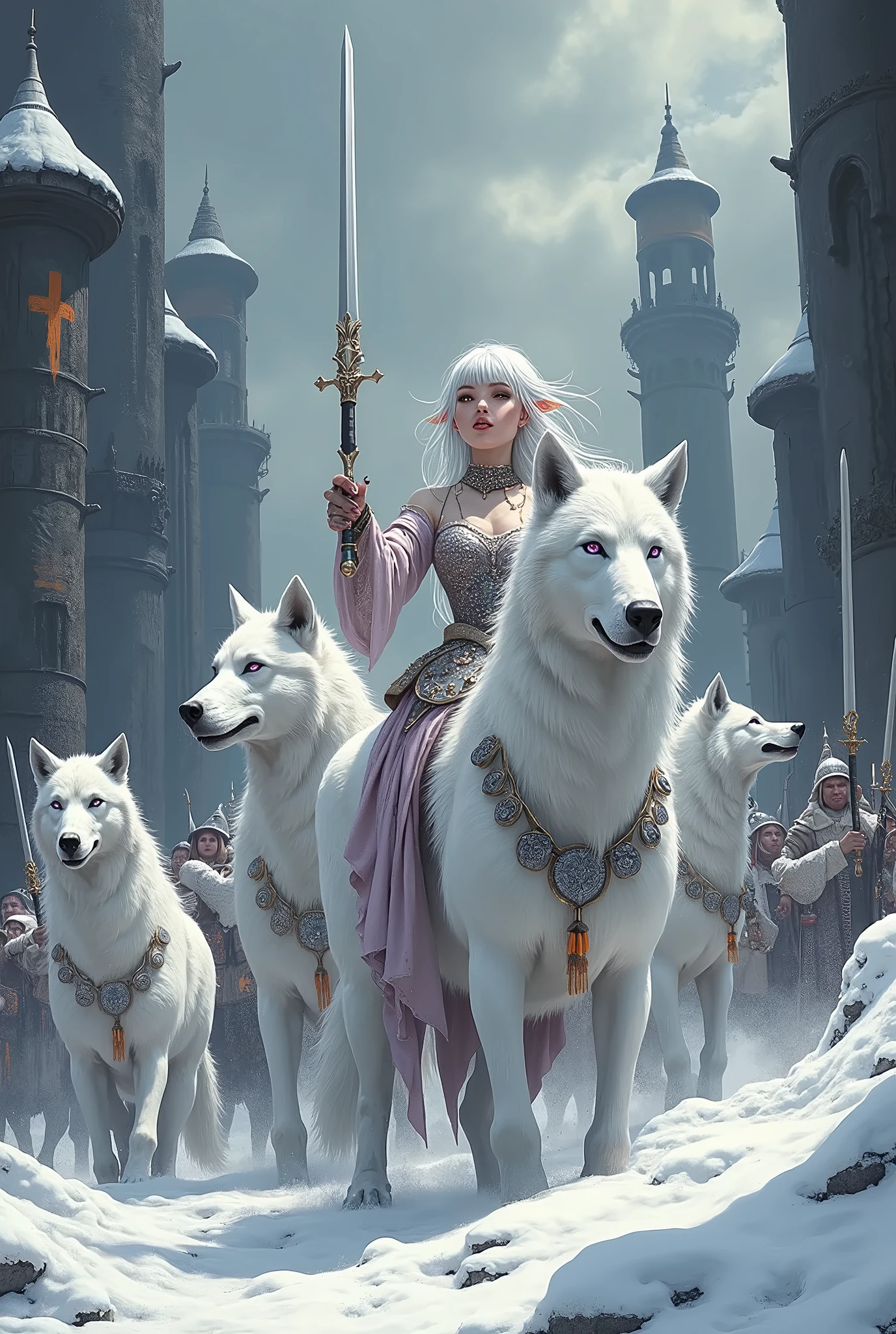 There is a woman riding on a horse with a sword and a bunch of dogs ...