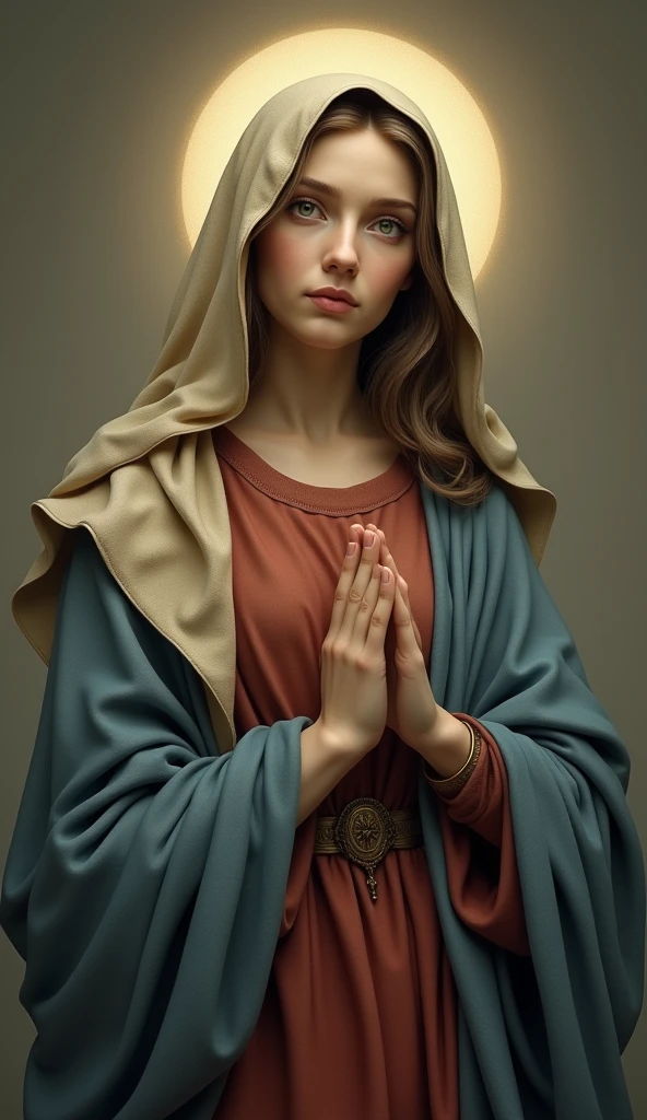 Beautiful Virgin Mary。A shy smile, Reddish brown tunic, Blue - SeaArt AI