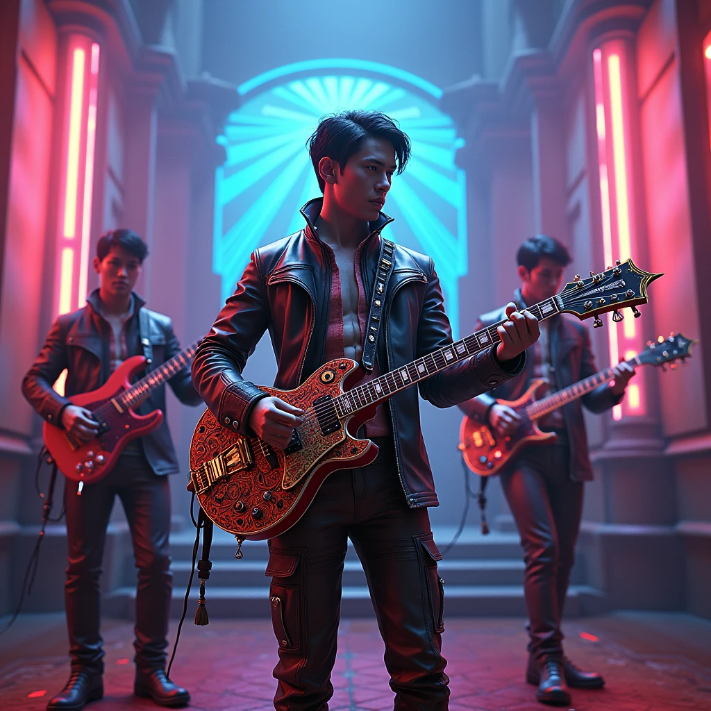 Band with instruments, in Ornamental Cyberpunk, in neon and ornate ...