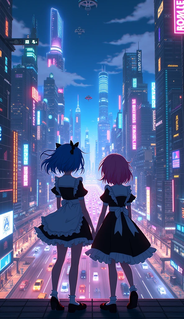 Re zero rem and ram looking at road cyberpunk city, night time - SeaArt AI